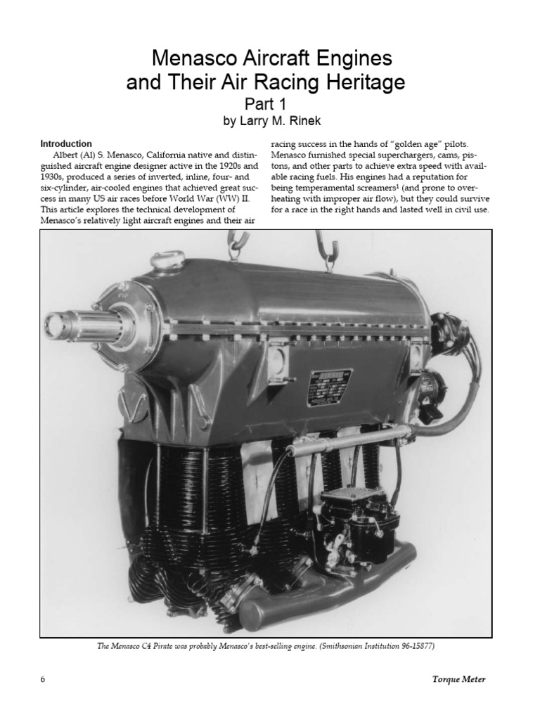 Menasco Aircraft Engines: Racing Legacy | PDF | Horsepower | Engines