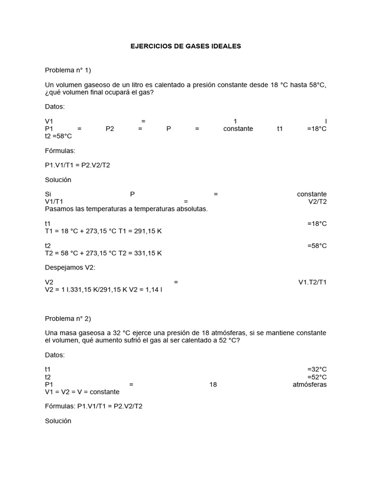 Ejercicios Gases Ideales | Descargar gratis PDF | Gases | Temperatura
