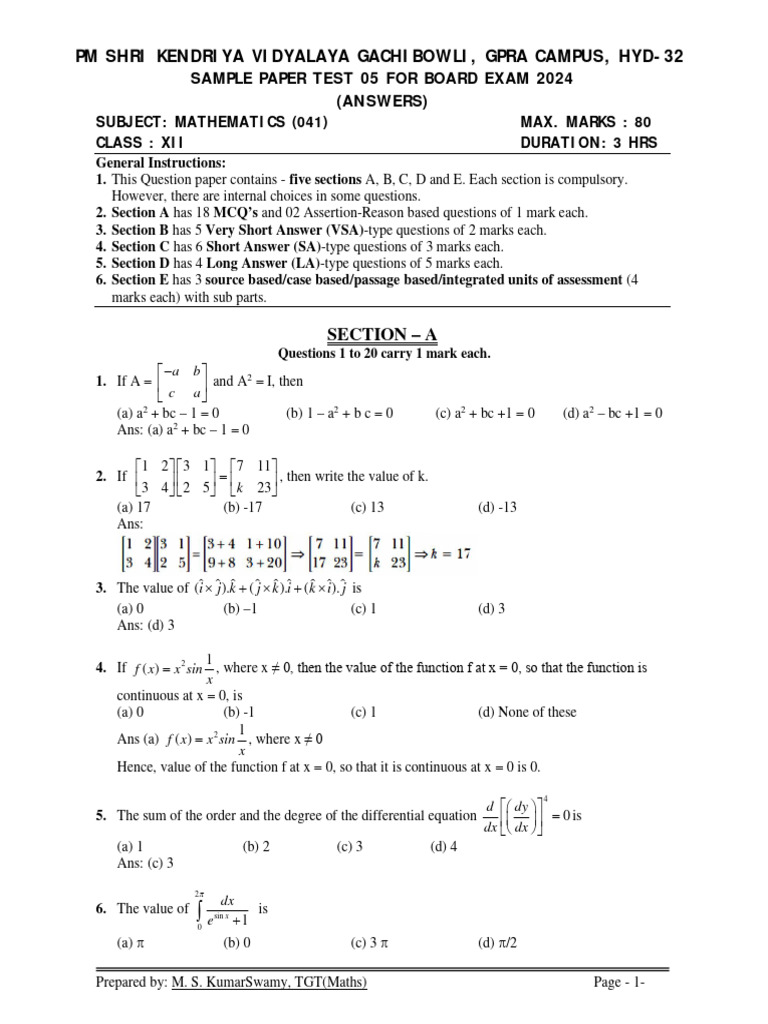 Class 12 Maths Sample Paper 2024 | PDF | Multiple Choice | Mathematical ...