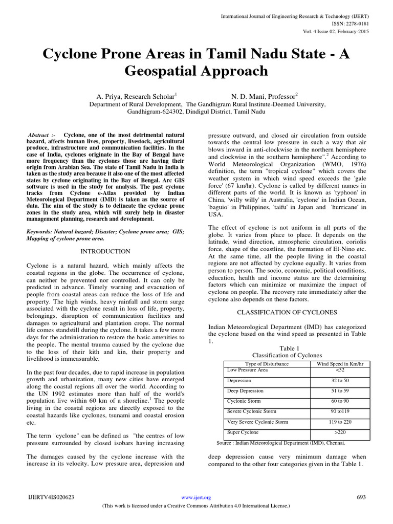 Cyclone Prone Areas in Tamil Nadu State A Geospatial Approach ...