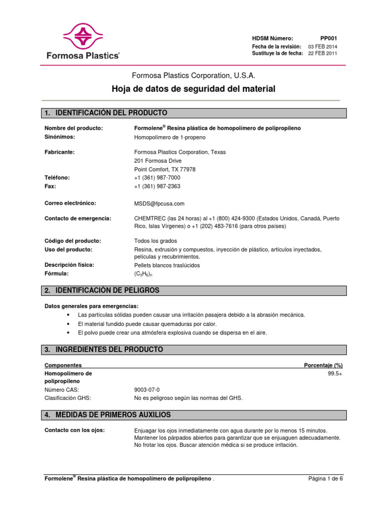 MSDS-PP Homopolimero 4100N | PDF | Agua | Administración de Seguridad y Salud Ocupacional