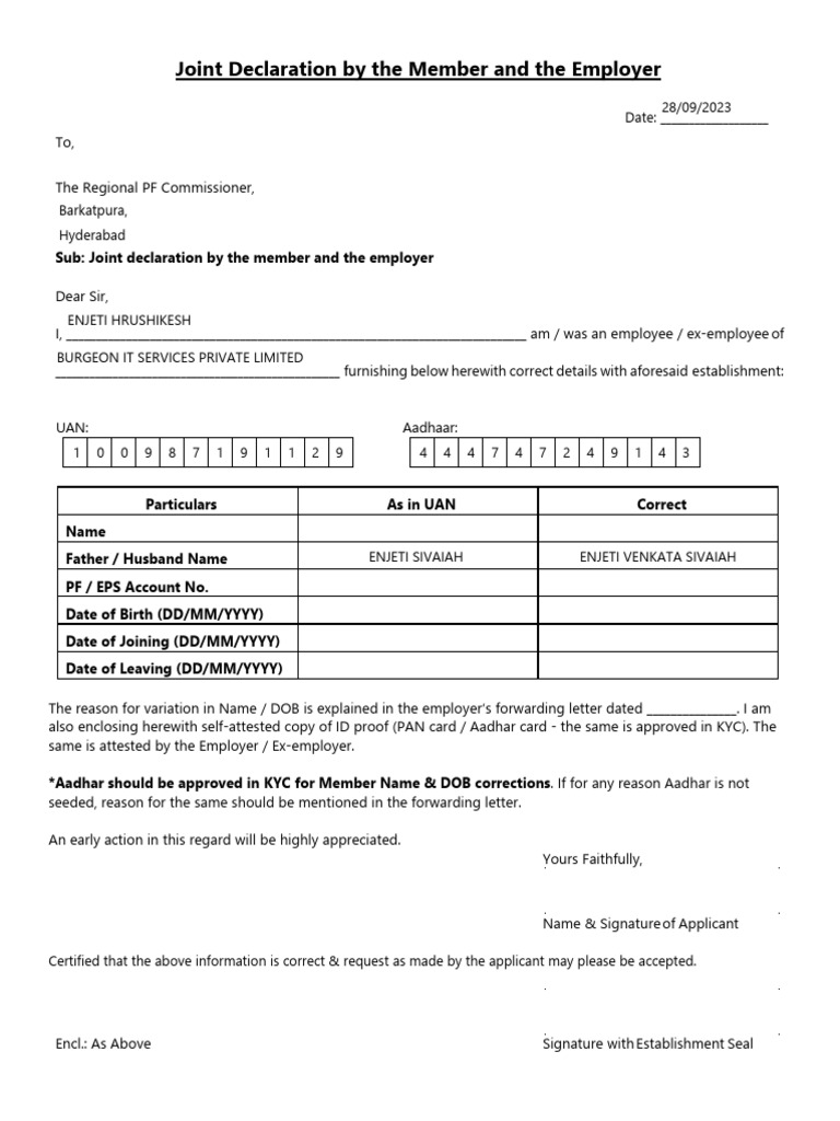 India New Joint Declaration Form1 EPFO | PDF