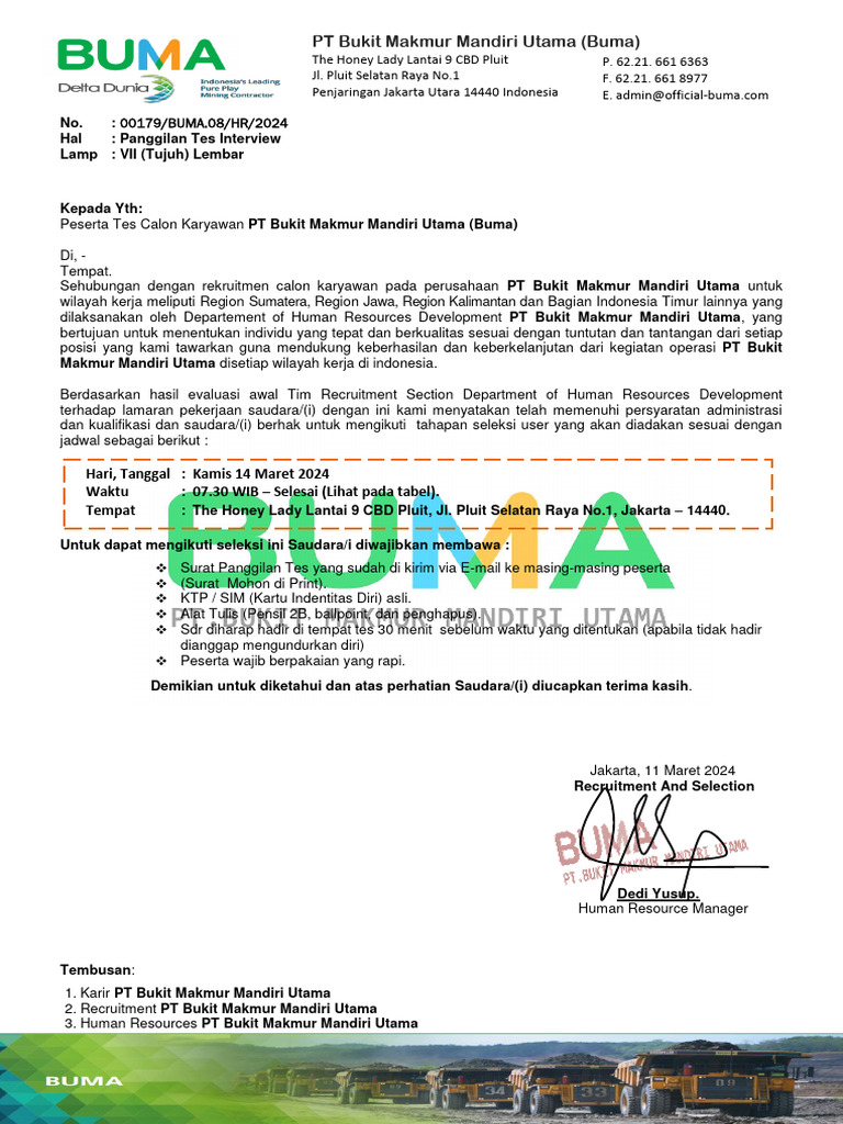 Panggilan Tes Interview PT BUMA 2024 | PDF