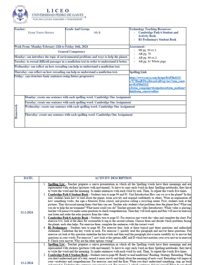 6º B Lesson Plan February 12TH To 16TH, 2024 | PDF | Human Communication | Learning