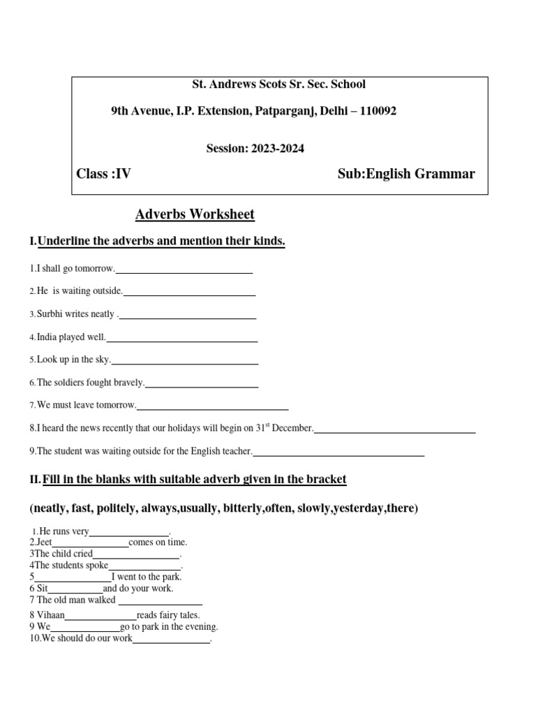 Adverbs Worksheet for Class 4 | PDF | Language Arts & Discipline