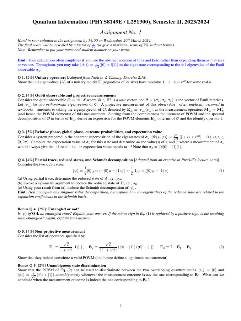 2024 Spring QuantInfo Assignment1 | PDF | Eigenvalues And Eigenvectors | Matrix Theory