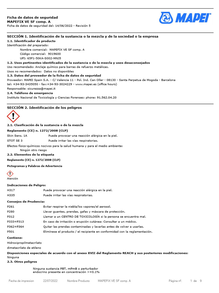 Ficha de Seguridad MAPEFIX VE SF comp. A | PDF | Residuos | Toxicidad