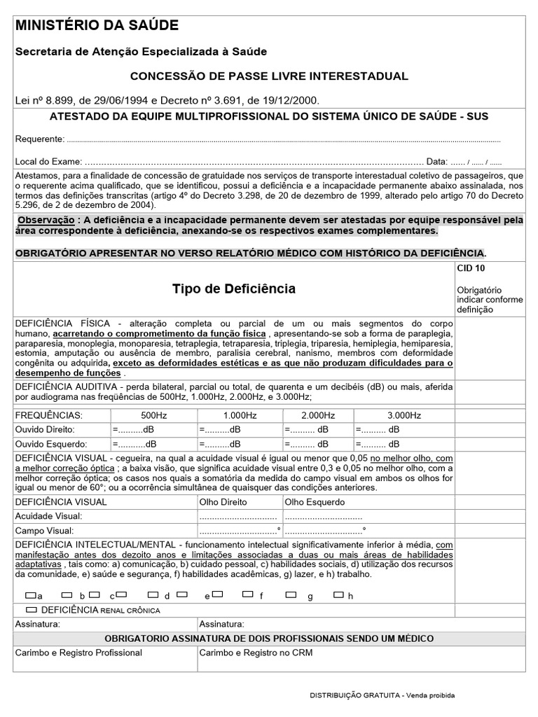 Formulário de Concessão de Passe Livre Interestadual | PDF | Deficiência visual | Especialidades ...