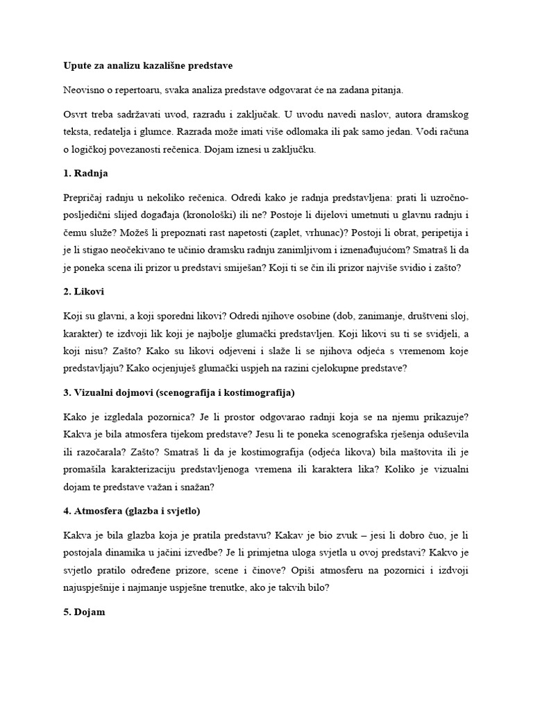 Upute Za Analizu Kazališne Predstave | PDF