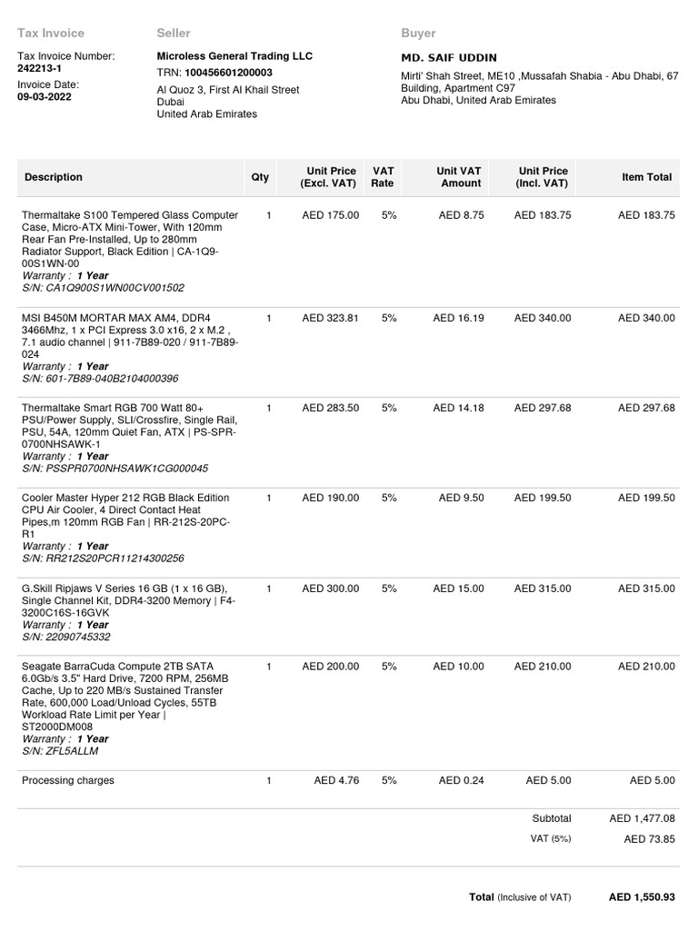Tax Invoice Seller Buyer: 242213-1 Microless General Trading LLC | PDF ...
