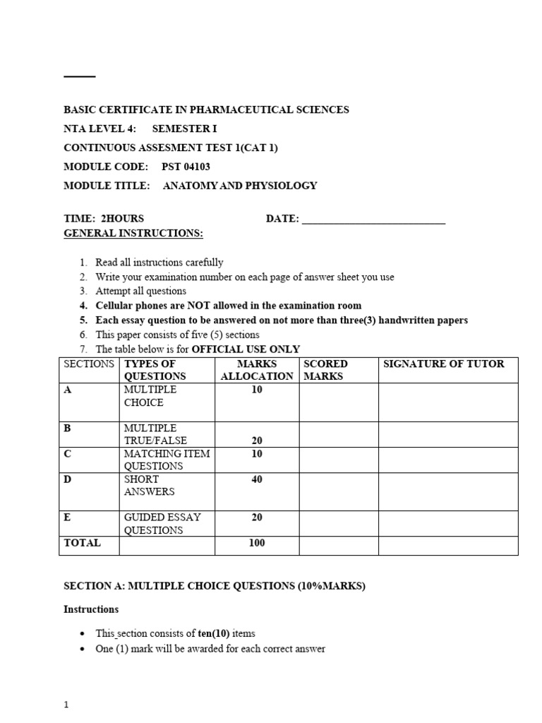 Anatomy and Physiology - Pst-1 | PDF