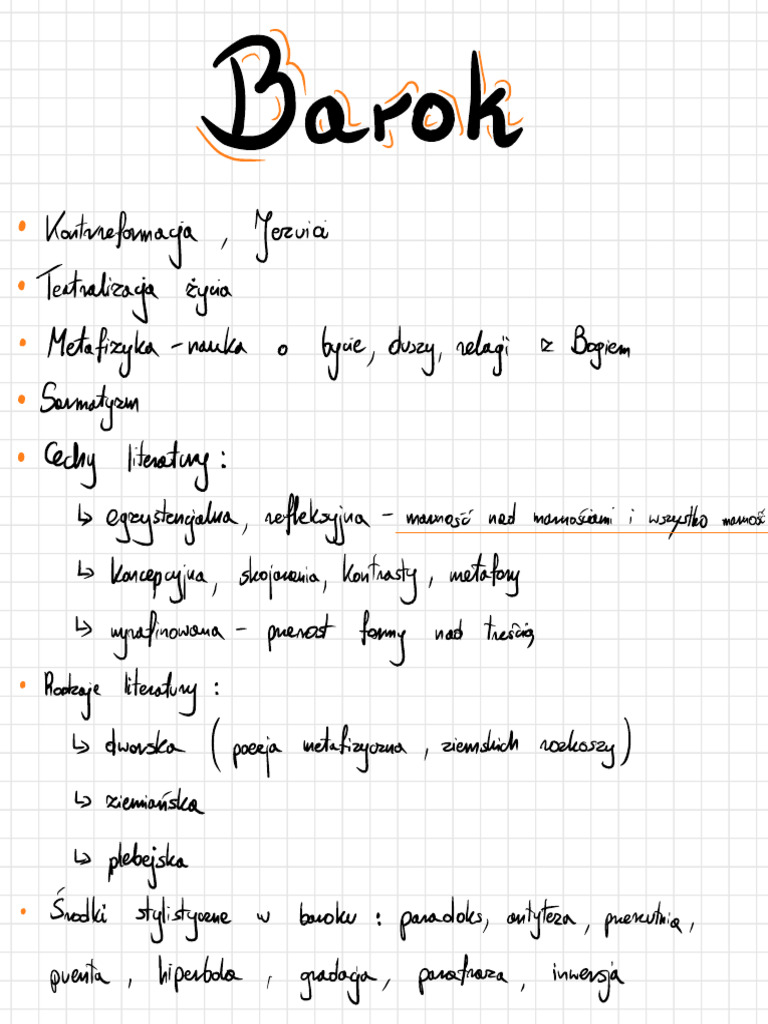 Barok - Język Polski - Notatki Maturalne | PDF