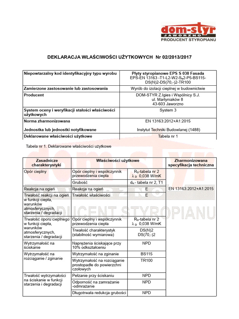 EPS S 038 FASADA Deklaracja WU | PDF