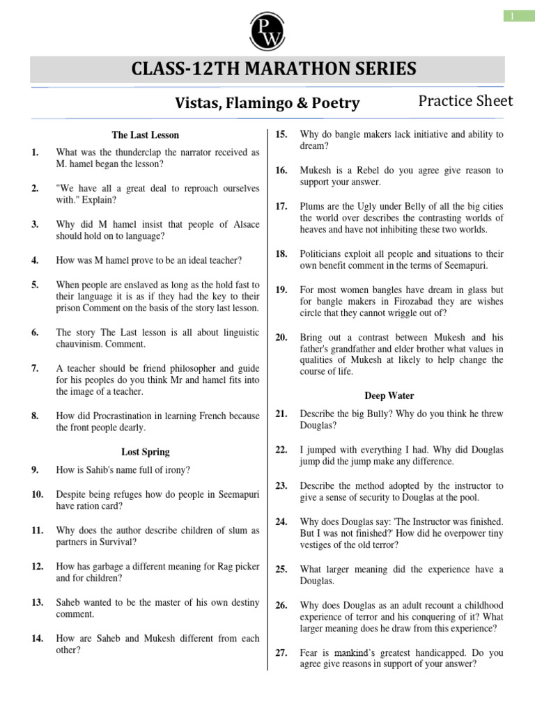 Vistas, Flamingo & Poetry _ Practice Sheet __ CLASS-12TH MARATHON ...