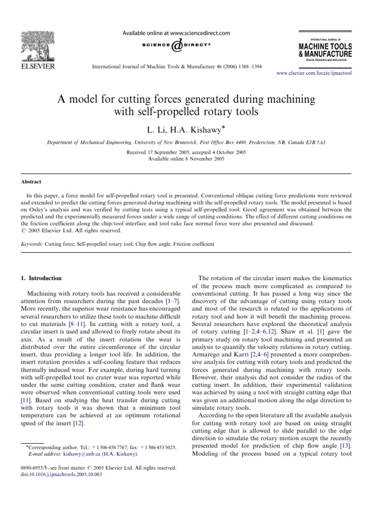 A Model For Cutting Forces Generated During Machining With Self Propelled Rotary Tools Pdf
