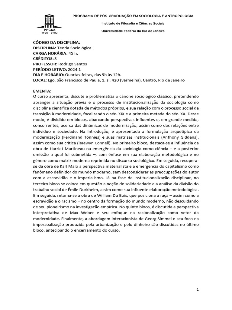 Ementa Teoria Sociológica | PDF