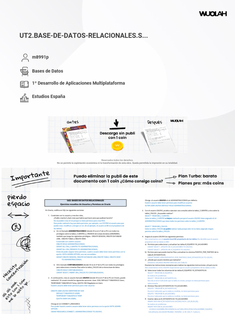 Wuolah Free UT2.BASE DE DATOS RELACIONALES - Soluciones Ejercicios de Usuarios y Permisos en ...
