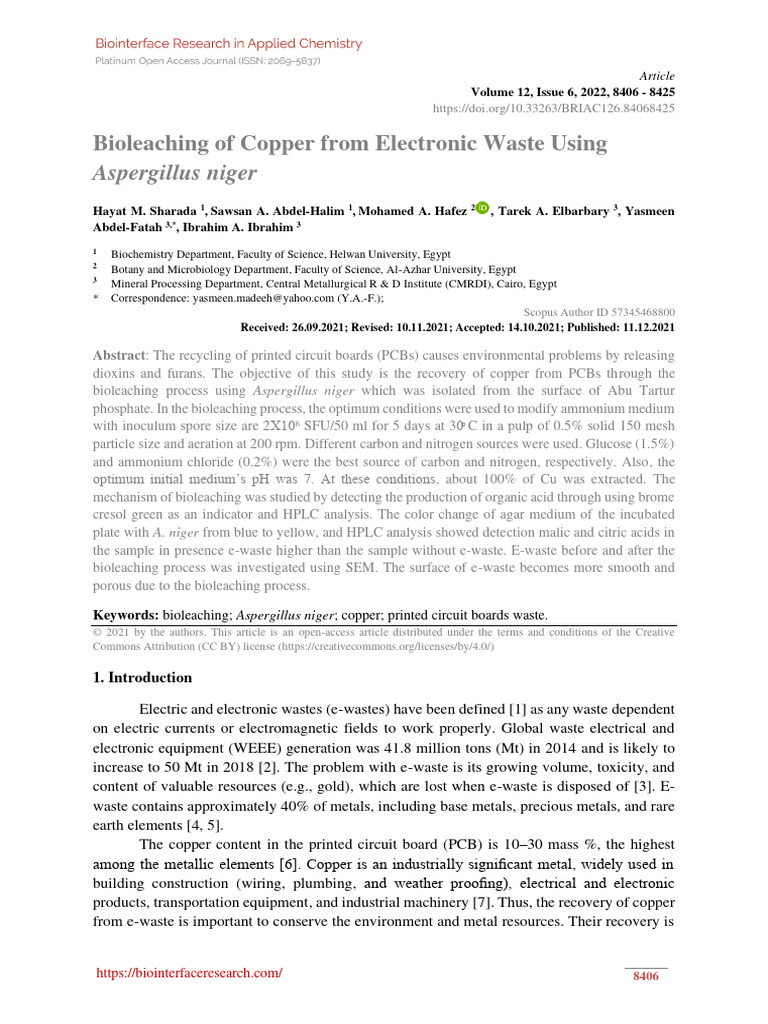 Bioleaching of Copper From Electronic Waste Using | PDF | Glucose | Ph
