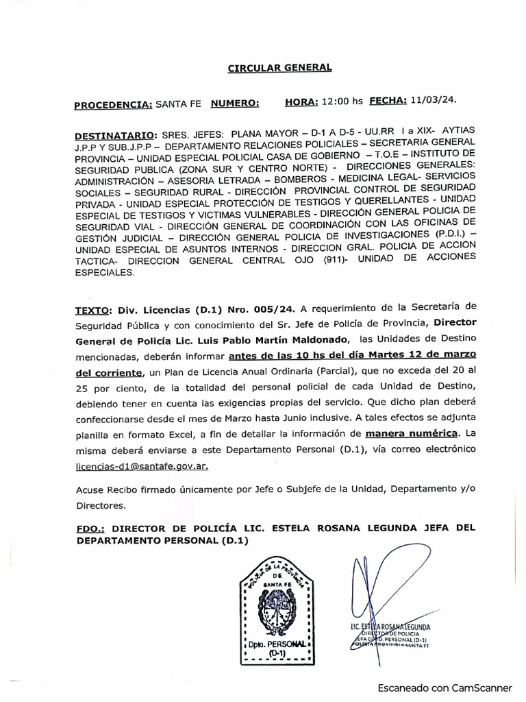 Circular General Nro. 005-24 - Licencias Al Personal Policial de Santa Fe | PDF