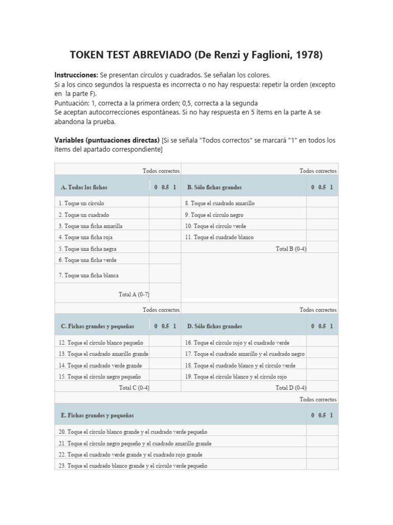 Token Test Abreviado: Instrucciones y Puntuación | PDF
