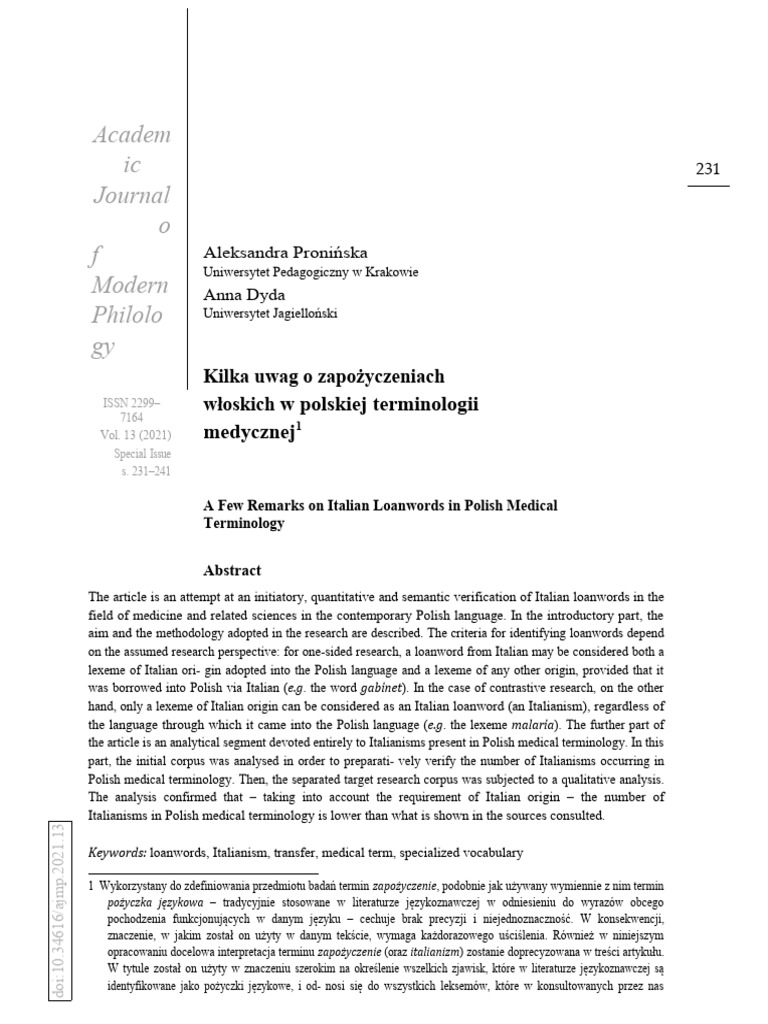 Dyda Proninska Kilka Uwag o Zapozyczeniach Wloskich W Polskiej ...