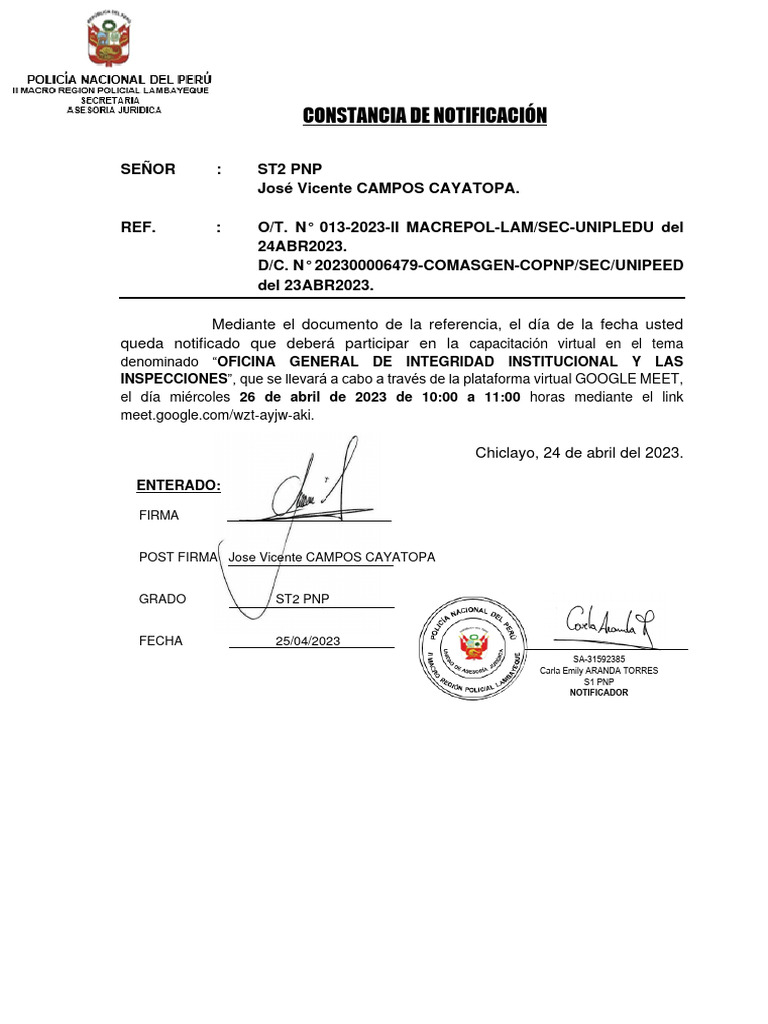 Constancia de Enterado 2023 | PDF | Policía | Justicia penal