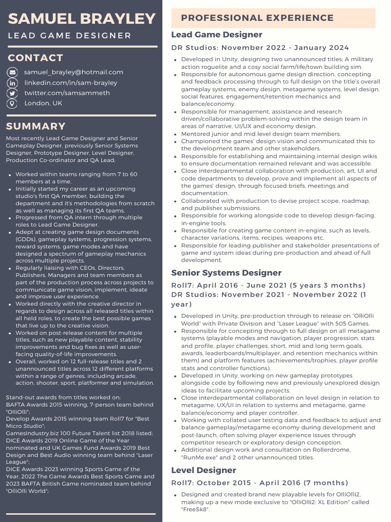 samuel brayley - senior-lead game designer cv | PDF | Software Testing ...
