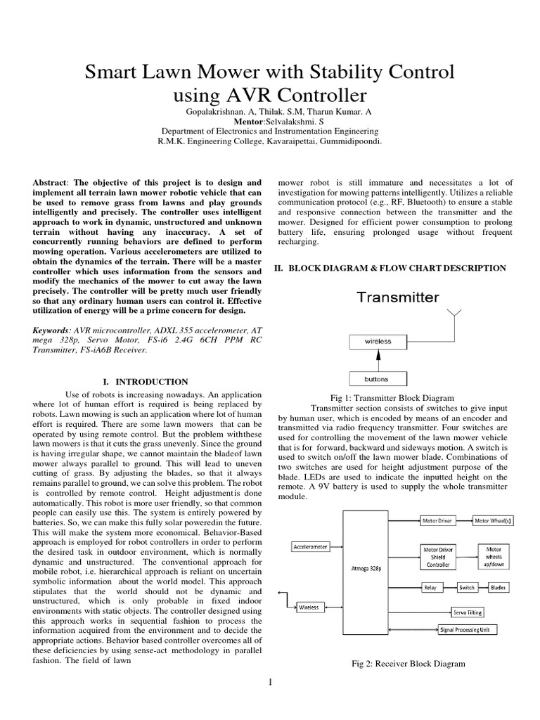 Journal Paper For Smart Lawn Mower With Stability Control Using AVR Controller | PDF | Radio ...