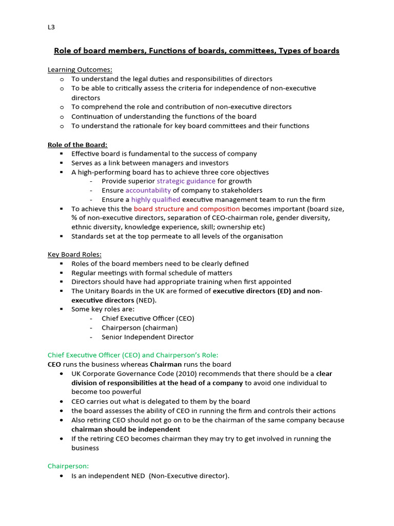 L3 Role of Board Members | PDF | Internal Control | Corporate Governance