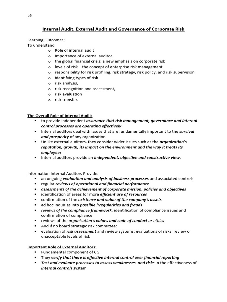 L6 Internal Audit, External Audit and Governance of Corporate Risk | PDF
