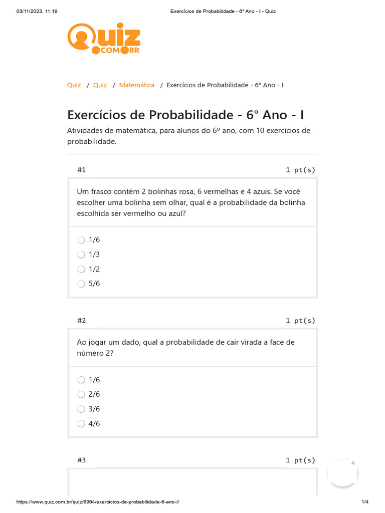 Exercícios de Probabilidade - 6° Ano - I - Quiz | PDF | Probabilidade