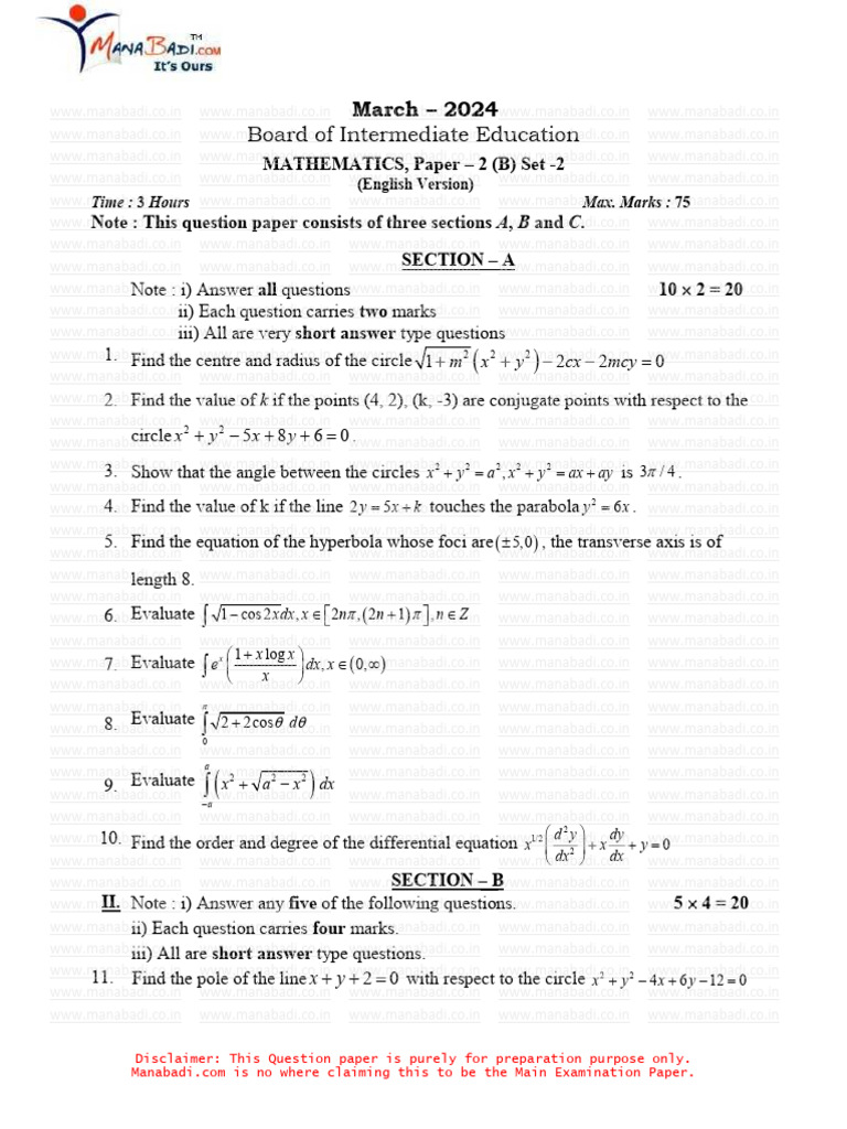 SR Inter Maths Iib Pre Final | PDF