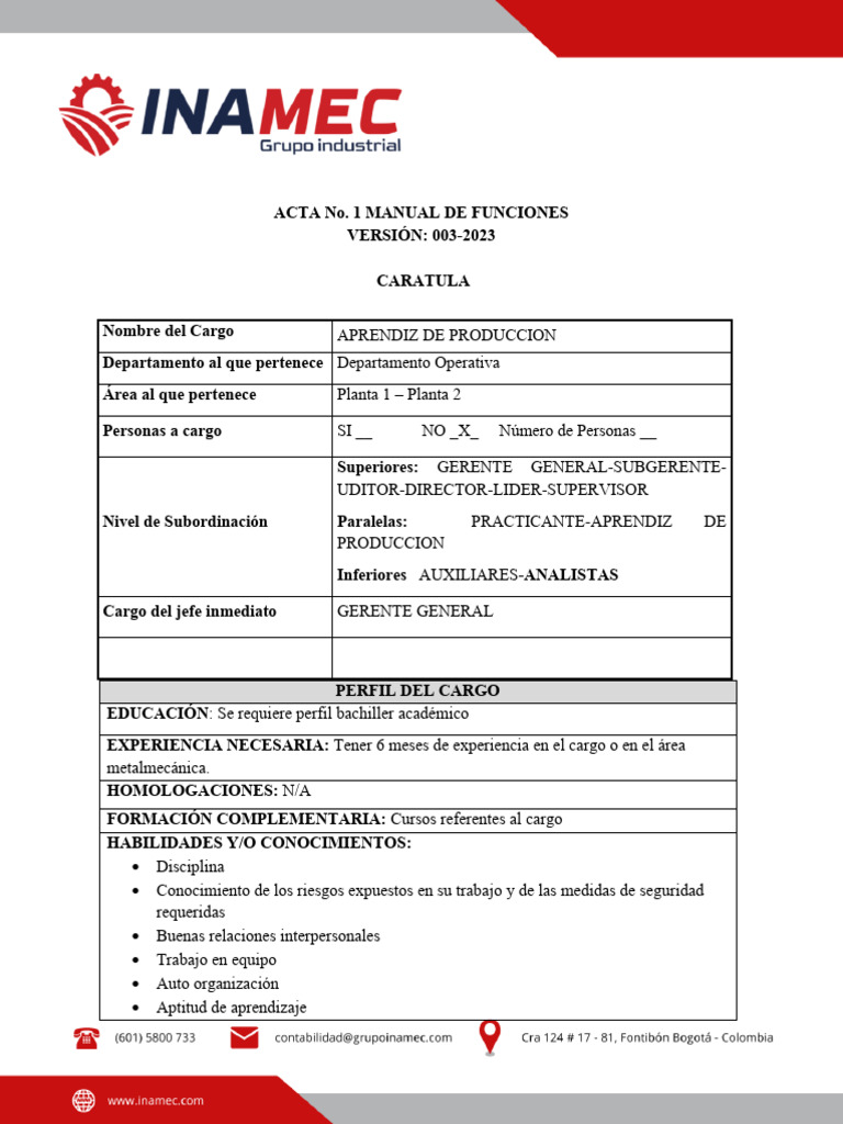 ACTA No. 1 MANUAL DE FUNCIONES Aprendiz de Produccion | PDF | Logística