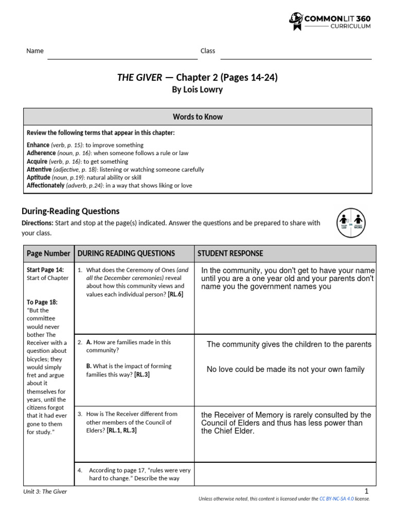 6G Unit 3 The Giver Chapter 2 During-Reading Questions STUDENT COPY Ed2 ...