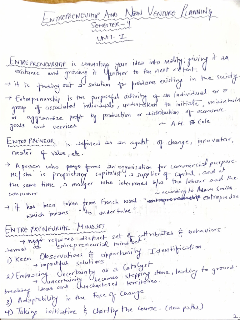 Unit-1, Entrepreneurship and Venture Planning | PDF
