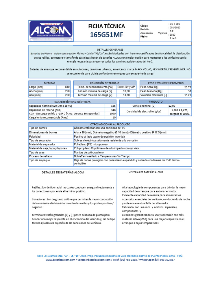 Ficha Tecnica Alcom 165G51MF | PDF