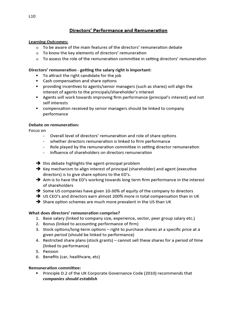 L10 Directors’ Performance and Remuneration | PDF | Executive Compensation | Corporate Governance