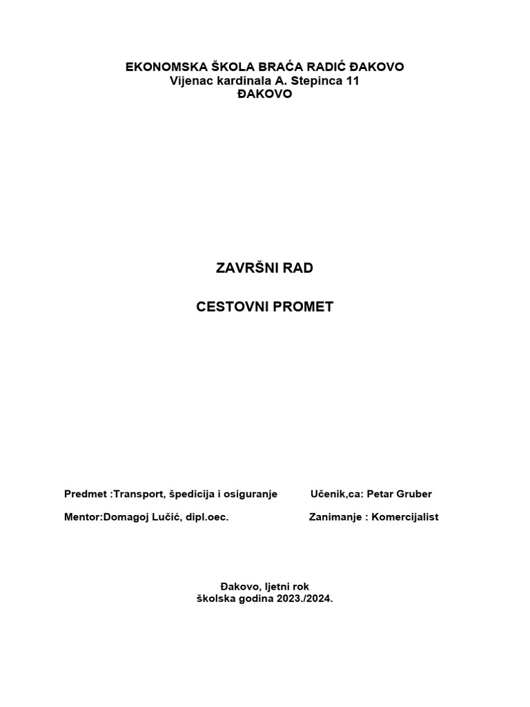Završni Rad - Cestovni Promet - Petar Gruber | PDF Završni Rad - Cestovni Promet - Petar Gruber | PDF
