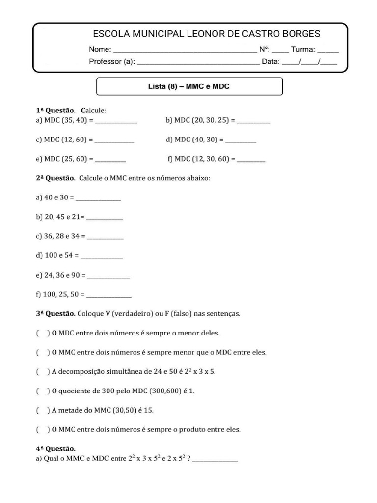 Lista-08-6º-Ano-Mmc-E-Mdc (1) - 1 | PDF