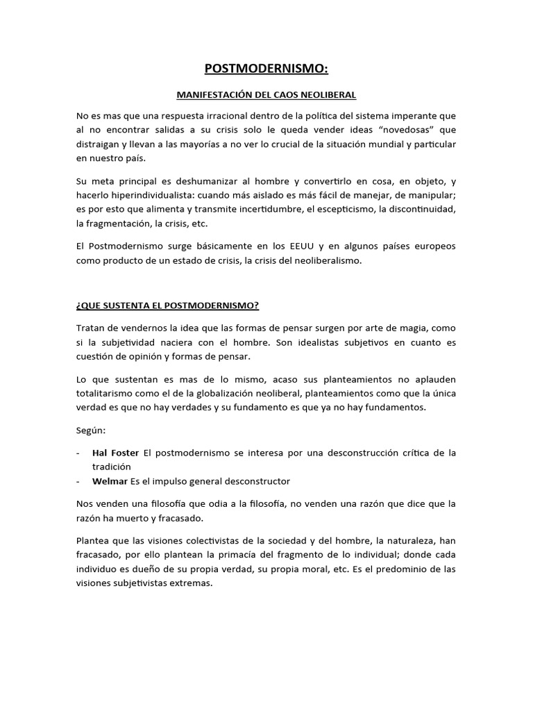 POSTMODERNISMO | PDF | Verdad | Neoliberalismo