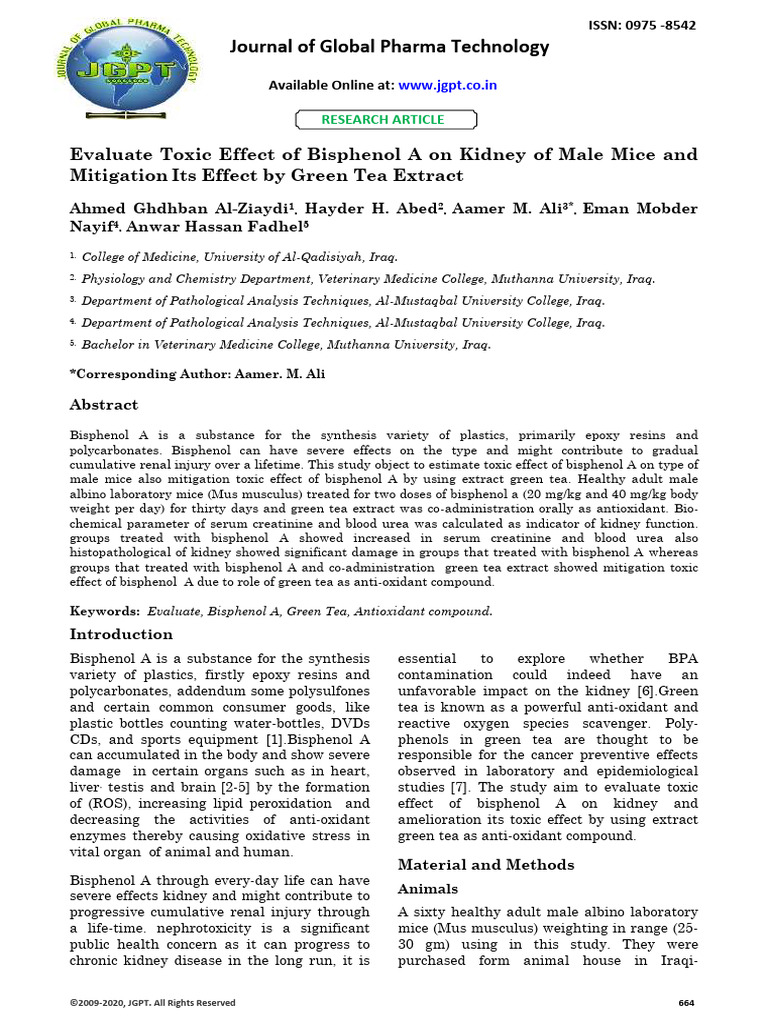 Evaluate Toxic Effect of Bisphenol A On Kidney of Male Mice and ...