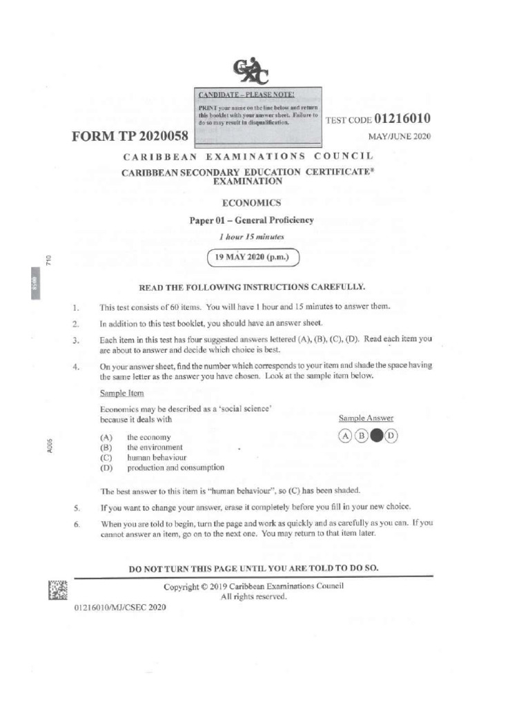 CSEC Economics Jun 2020 P1 | PDF