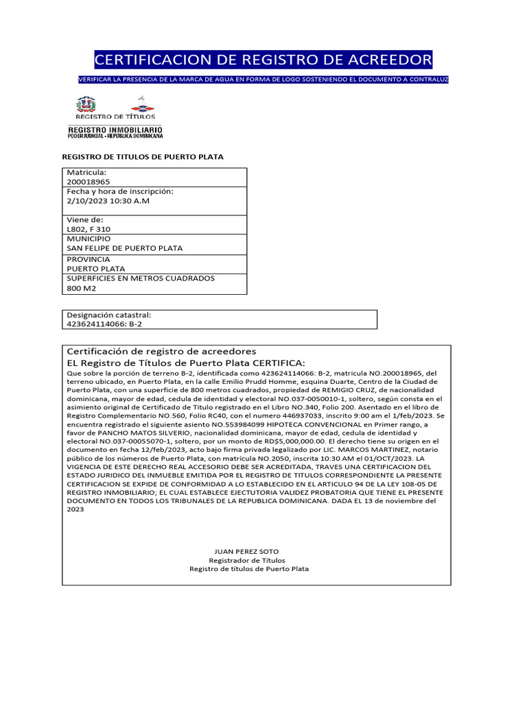 Certificacion de Registro de Acreedor | PDF | Derecho