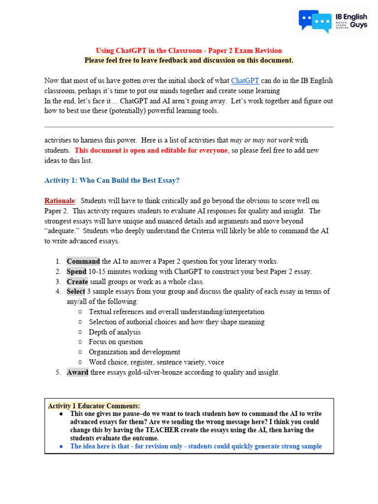 AI - ChatGPT Lessons - Using ChatGPT in The Classroom | PDF