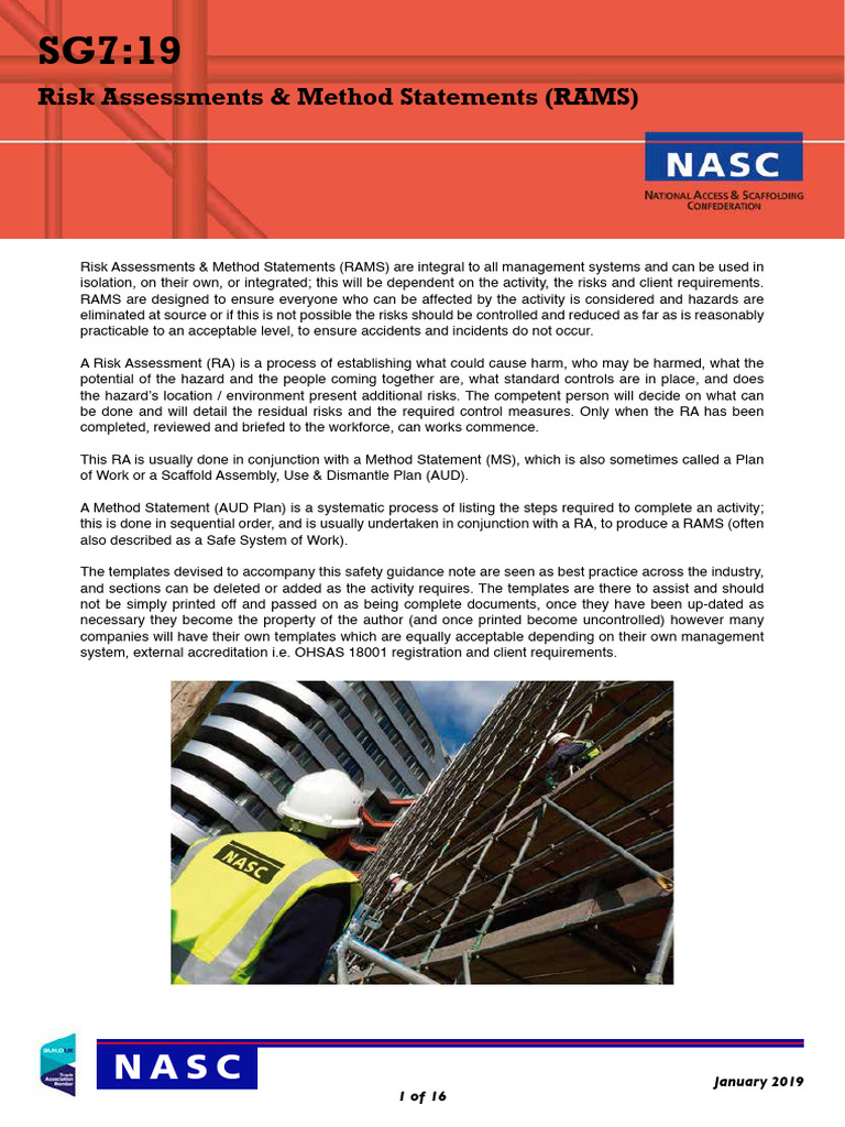 NASC SG7 19 Risk Assessments Method Statements RAMS | PDF | Risk | Scaffolding