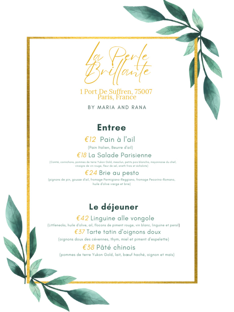 La Perle Brillante Menu | PDF