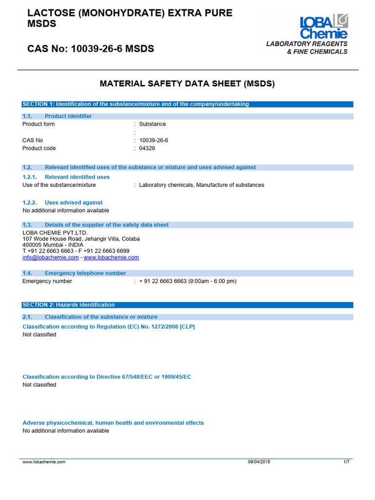 MSDS LACTOSE MONOHYDRATE CASNO 10039 26 04329 EN - Aspx | PDF ...