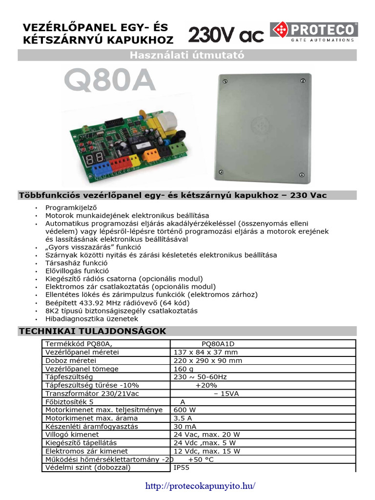 Proteco Q80a Vezérlés Leirasa Magyar | PDF
