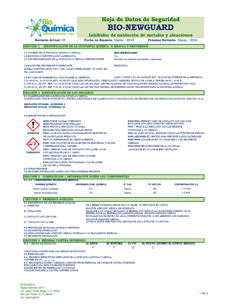 Hoja de Seguridad BIO-NEWGUARD | PDF | Materiales | Ciencias fisicas