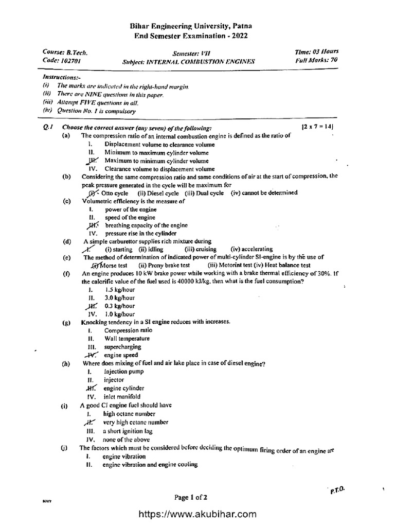 Btech Me 7 Sem Internal Combustion Engines 102701 2022 | PDF